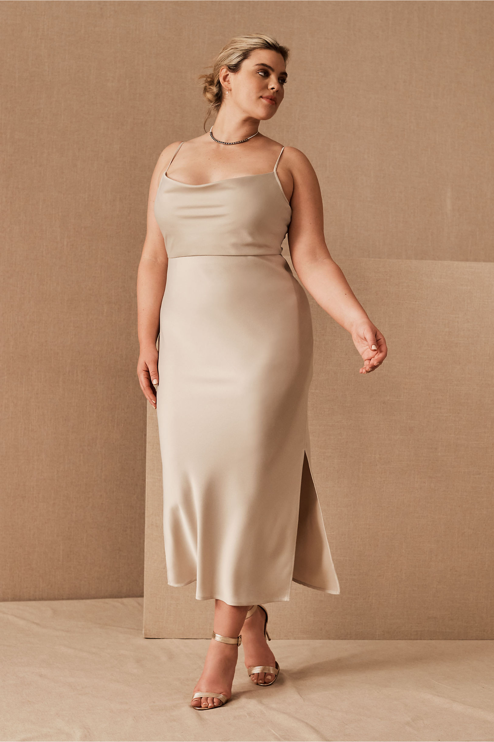 Champagne Satin Midi Plus Size Bridesmaid Dress | Roses & Rings ... Champagne Satin Midi Plus Size Bridesmaid Dress | Roses & Rings ...